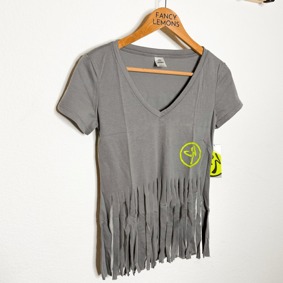 Zumba NWT! Vibrant V-Neck Fringe Top Gravel Gray Neon Logo Dance ...