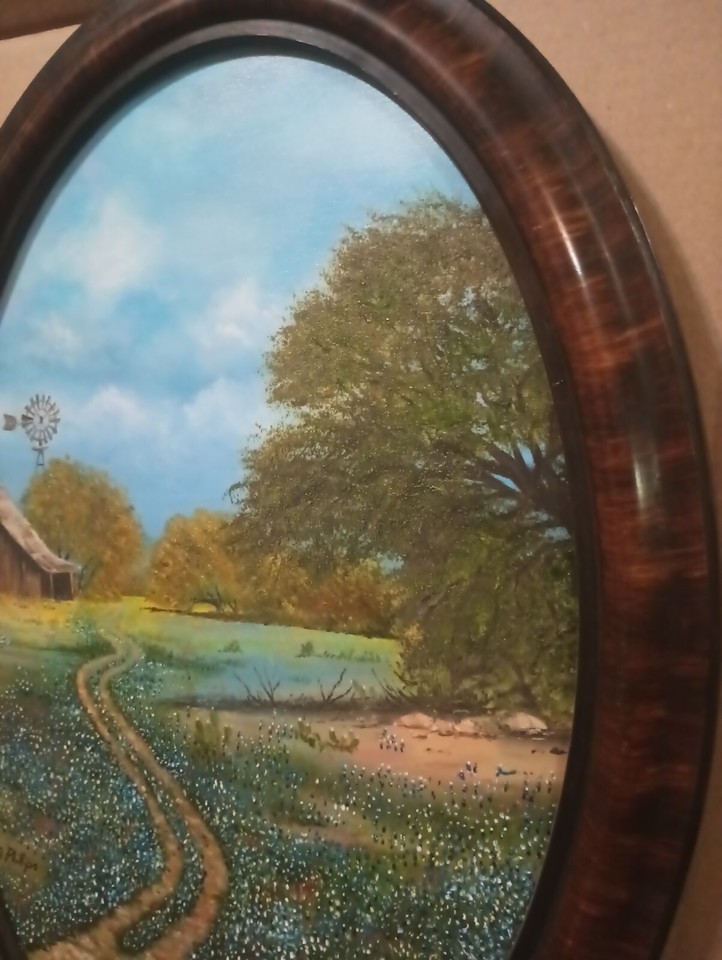 Beautiful Texas Bluebonnet Oil Painting/Windmill & Barn Antique Wood ...
