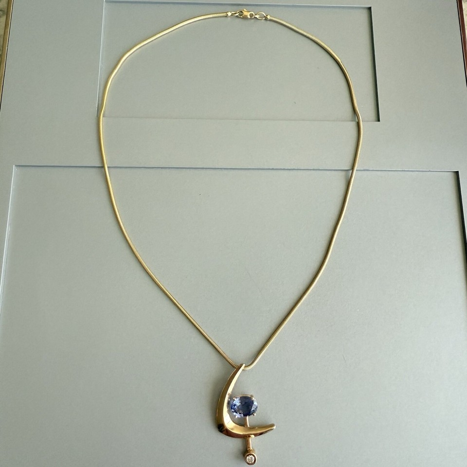 14k Gold AAA Ceylon Sapphire Diamond Modernist Pendant Necklace ...