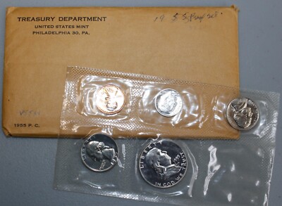 1955 US Proof Set 5 Coin Set 3 Silver Coins 1c-50c In Cello Sleeve with ...