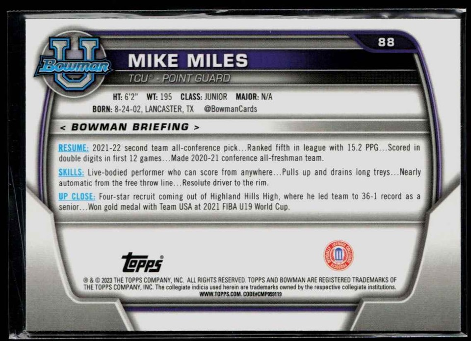 2023 Bowman University Purple Shimmer Refractor Mike Niles TCU #88 | eBay