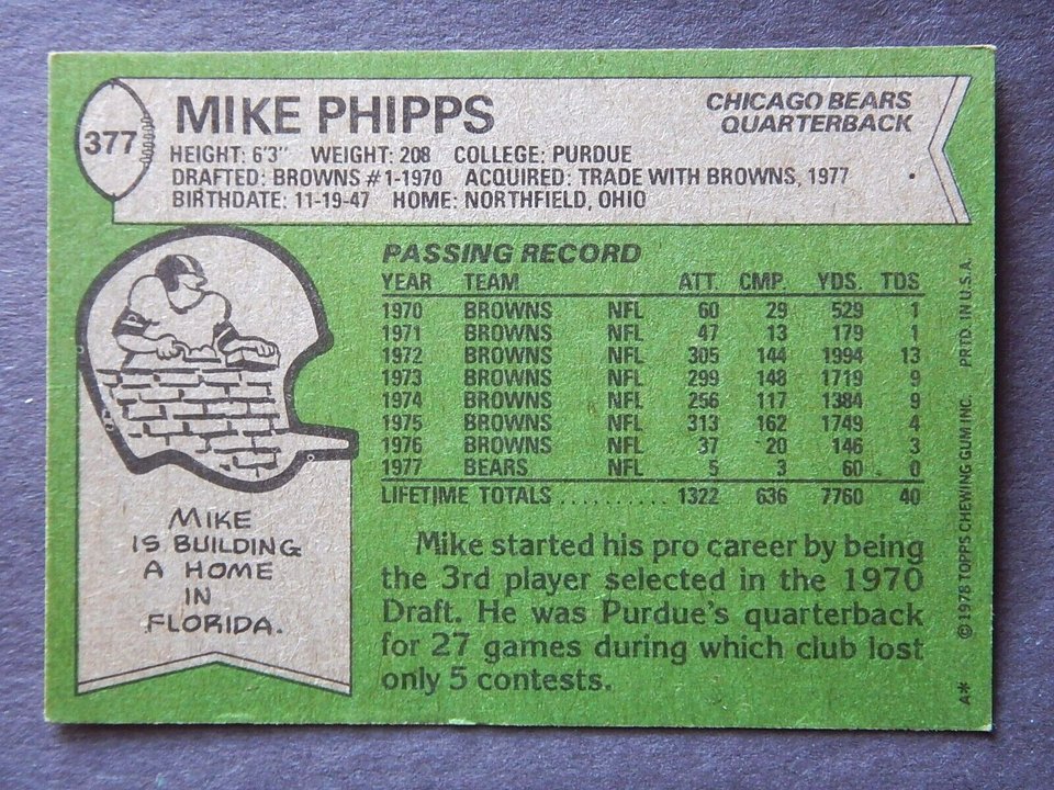 Mike Phipps #377 Topps 1978 Football Card (Chicago Bears) G | eBay