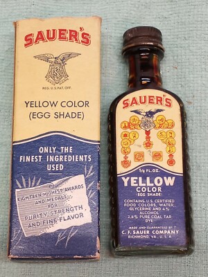 VTG GLASS BOTTLE SAUER`S YELLOW COLOR FOOD COLORING IN BOX COPYRIGHT ...