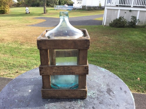 ANTIQUE 5 GAL. AQUA WATER BOTTLE IN WOOD CRATE ILLINOIS GLASS CO ALTON ...