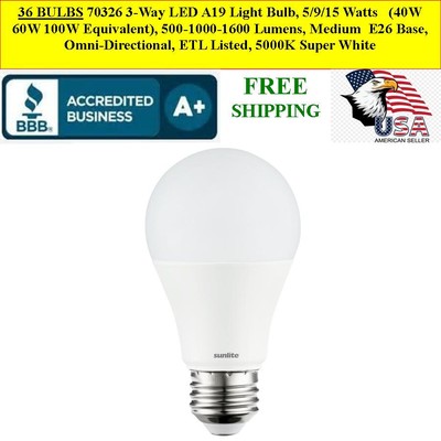 36 BULBS 3 Way LED A19 Light Bulb, 5/9/15 Watts 500/1000/1600 Lumen ...