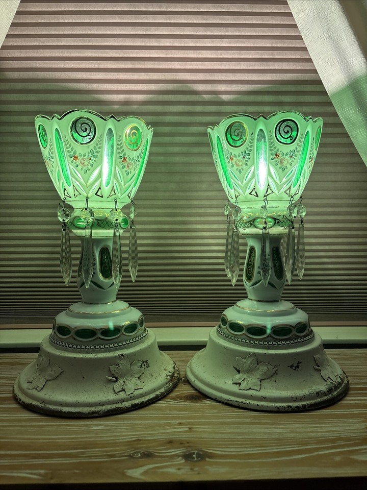Antique Pair Czech Bohemian Mantle Luster Lamps ~ Cased Glass White Cut ...