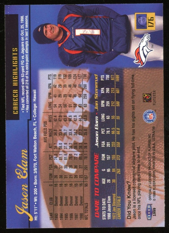 Jason Elam 1999 Ultra Card #176 Denver Broncos | eBay