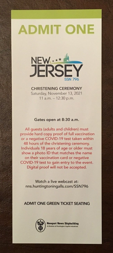 USS NEW JERSEY SSN 796 ATTACK SUBMARINE CHRISTENING CEREMONY TICKET (11 ...