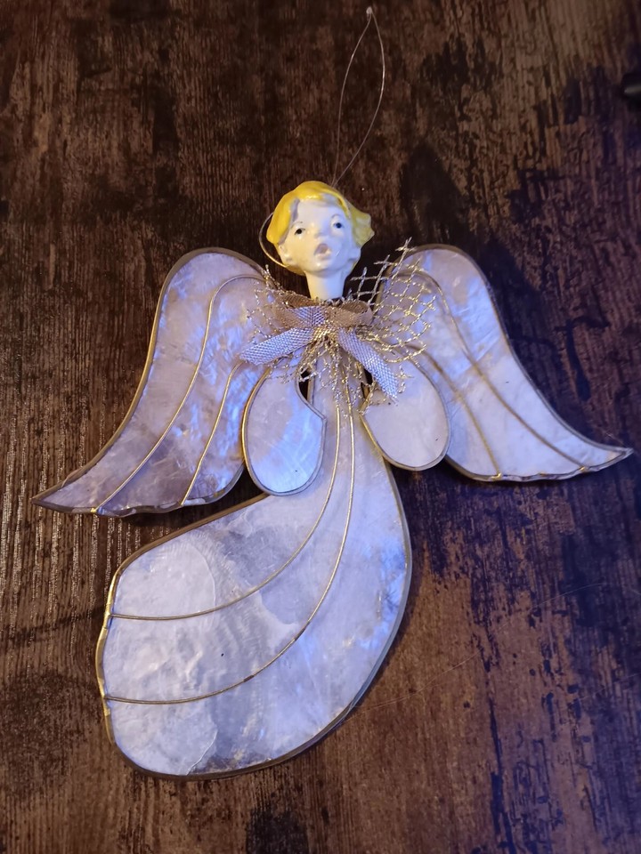 Vintage Capiz Shell Angel with Porcelain Head Christmas Ornaments Gold ...