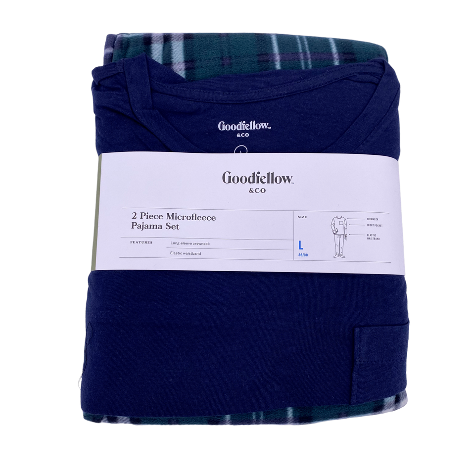 Goodfellow Mens 2 Piece Pajama Set Large Navy Green Plaid Pants Crew ...