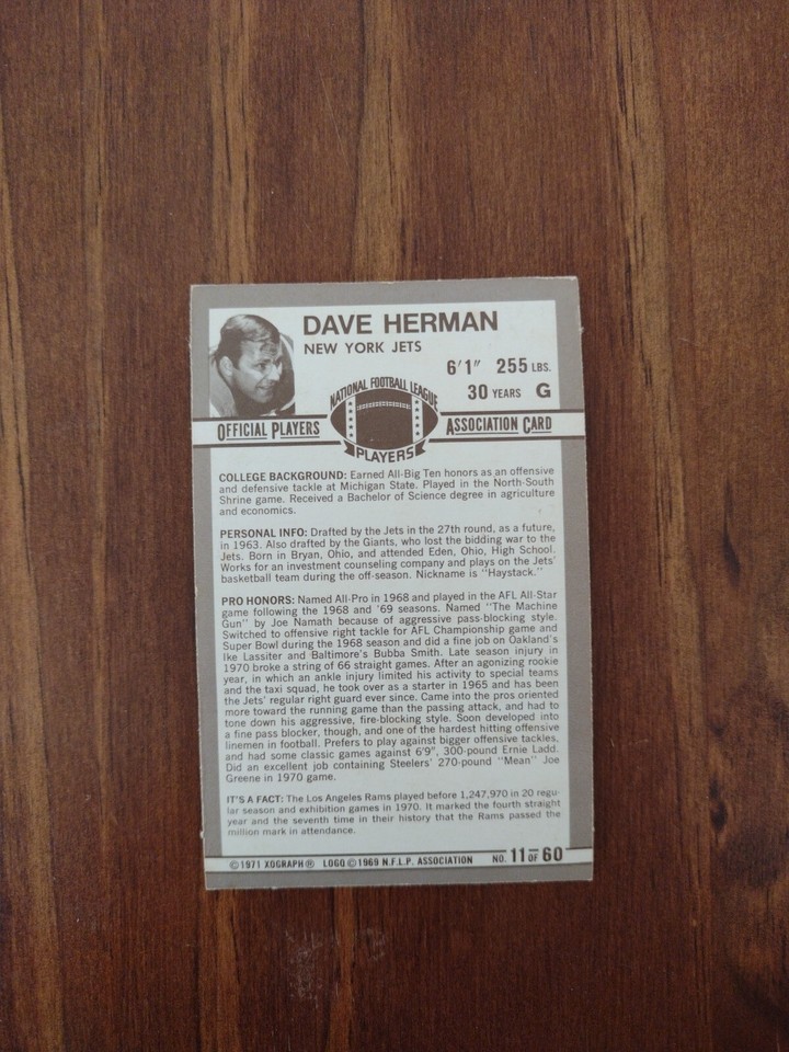 1971 Kellogg #11 Dave Herman New York Jets Read | eBay
