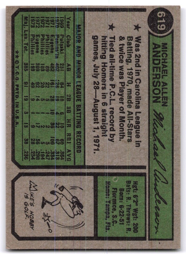 1974 Topps Mike Anderson Philadelphia Phillies #619 | eBay