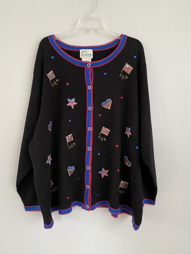 Quacker Factory Size 3X Black Patriotic USA Flags Stars Hearts Cardigan ...