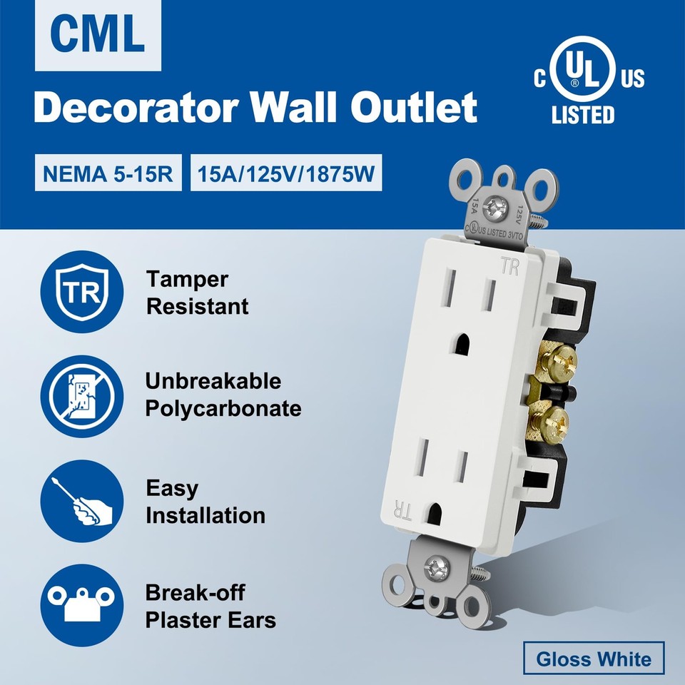 CML 15 Amp Decorator Wall Recetpacle Outlet, 50 Pack Tamper Resistant ...