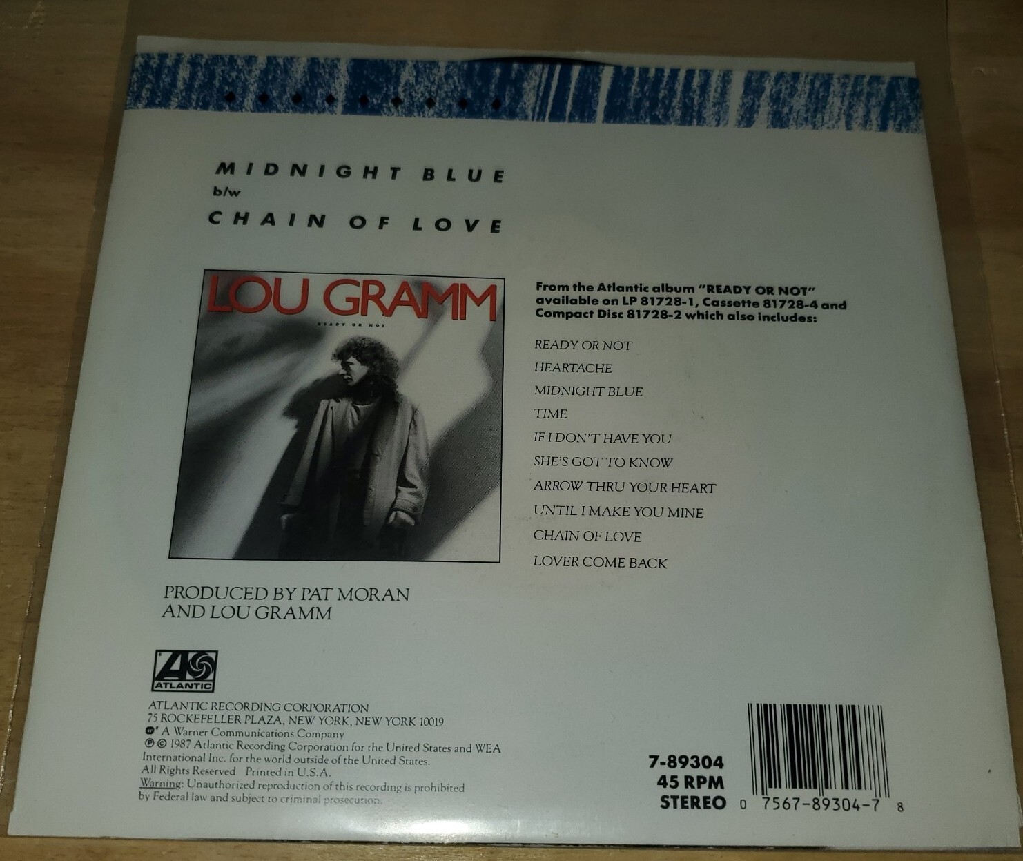 Lou Gramm - Midnight Blue - Atlantic (45RPM 7”Single)(J585) | eBay