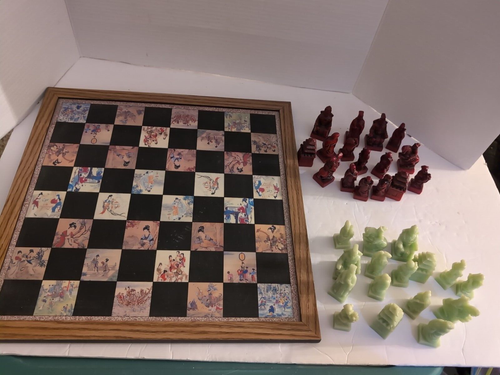 Chinese Asian Geisha Girl Chess Board Game Set - With Carved Jade & Red ...