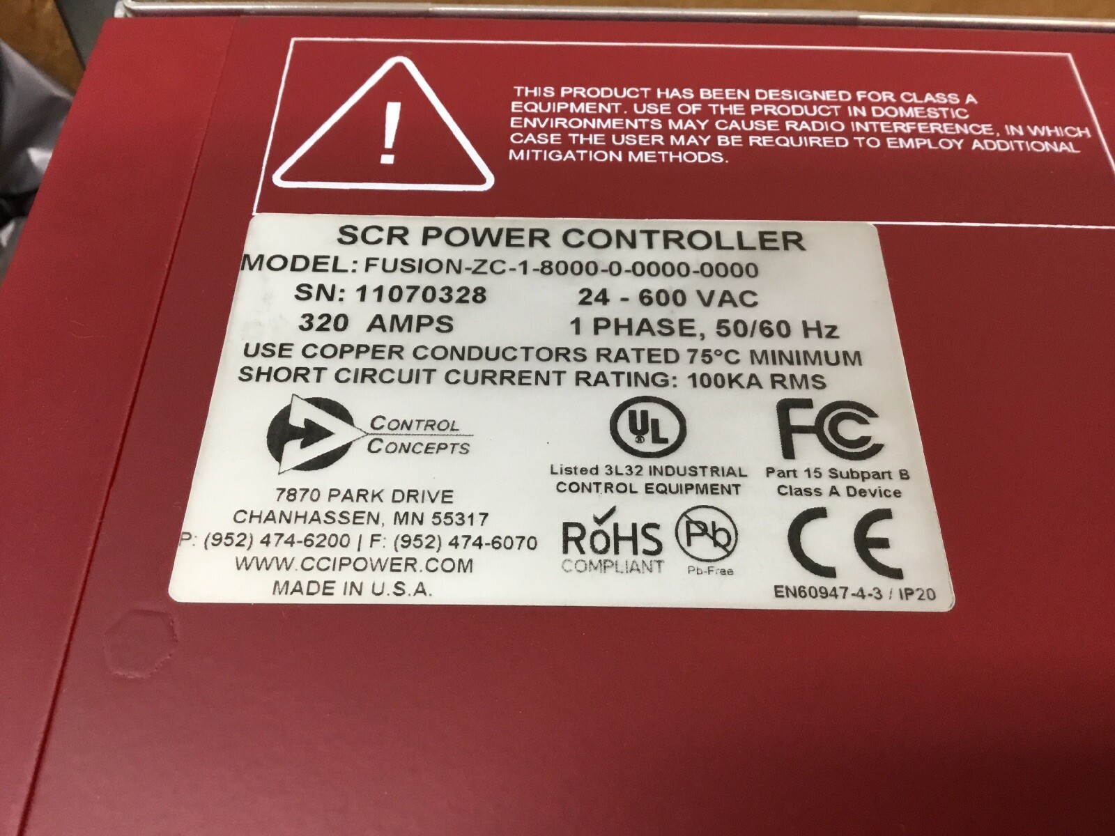 NEW Control Concepts FUSION-ZC-1-8000-0-0000-0000 SCR Power Controller ...