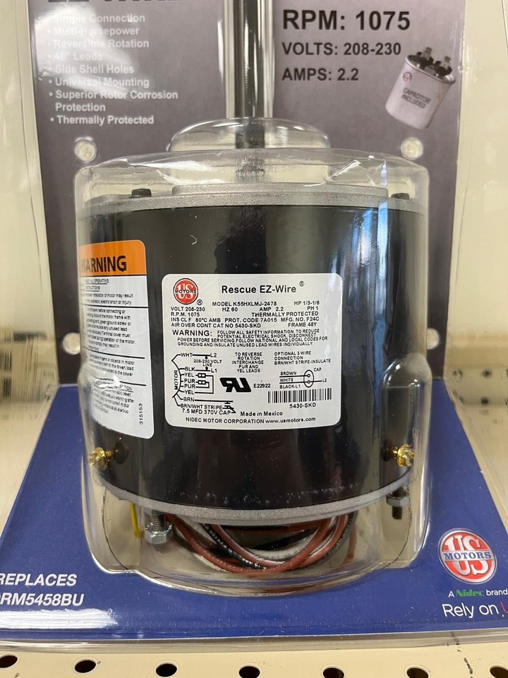 US Motors 5430 RESCUE® EZ-Wire Condenser Fan Motor, 208-230V, 1/3-1/6 ...