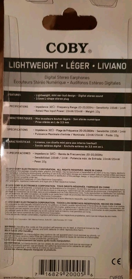 5 Pack New COBY CV-E05 Digital Stereo Earphone 3.5mm Plug Earbud ...