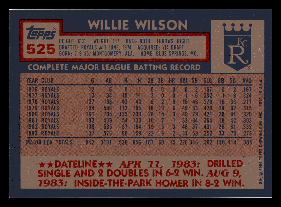 1984 Topps Willie Wilson Kansas City Royals #525 Mint Baseball | eBay