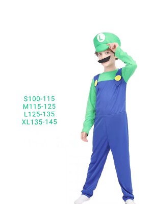 SUPER LUIGI BROS PLUMBER KIDS JUMPSUIT COSTUME + HAT & MOUSTACHE (8-10 ...