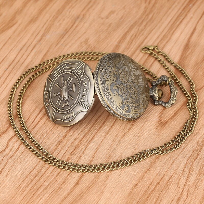 Retro Bronze Firefighter Round Men Quartz Pocket Watch Pendant Necklace ...