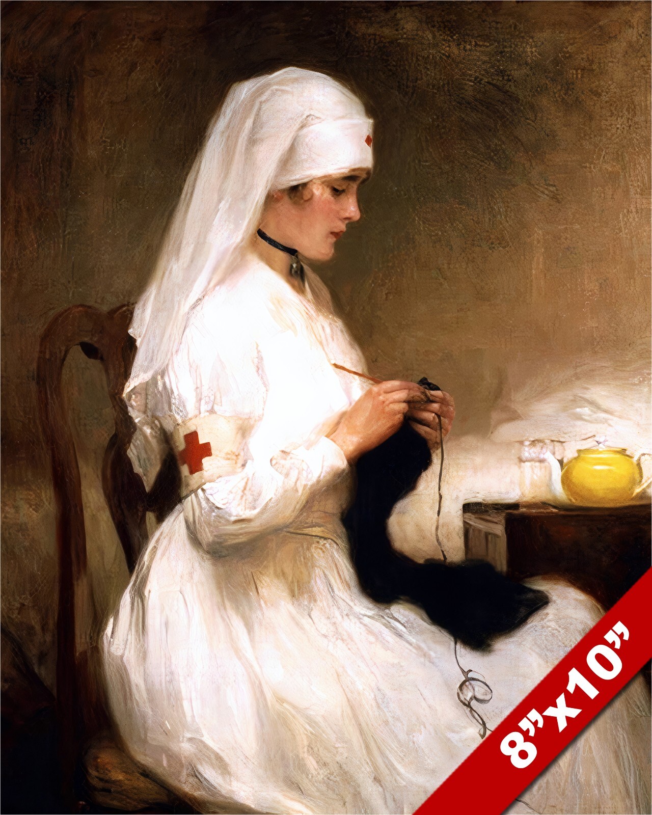 YOUNG BEAUTIFUL RED CROSS WOMAN NURSE KNITTING PAINTING ART REAL CANVAS ...