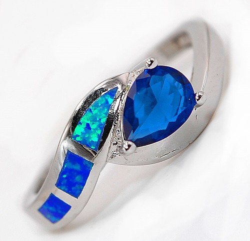 1CT Treated Sapphire & Australian Opal Inlay 925 Sterling Silver Ring ...
