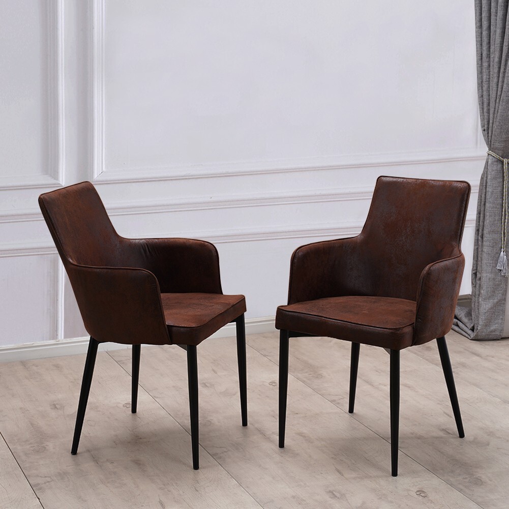 Set of 2 Suede Brown Dining Chairs With Armrest Metal legs Set of 2 Suede Brown Dining Chairs With Armrest Metal legs