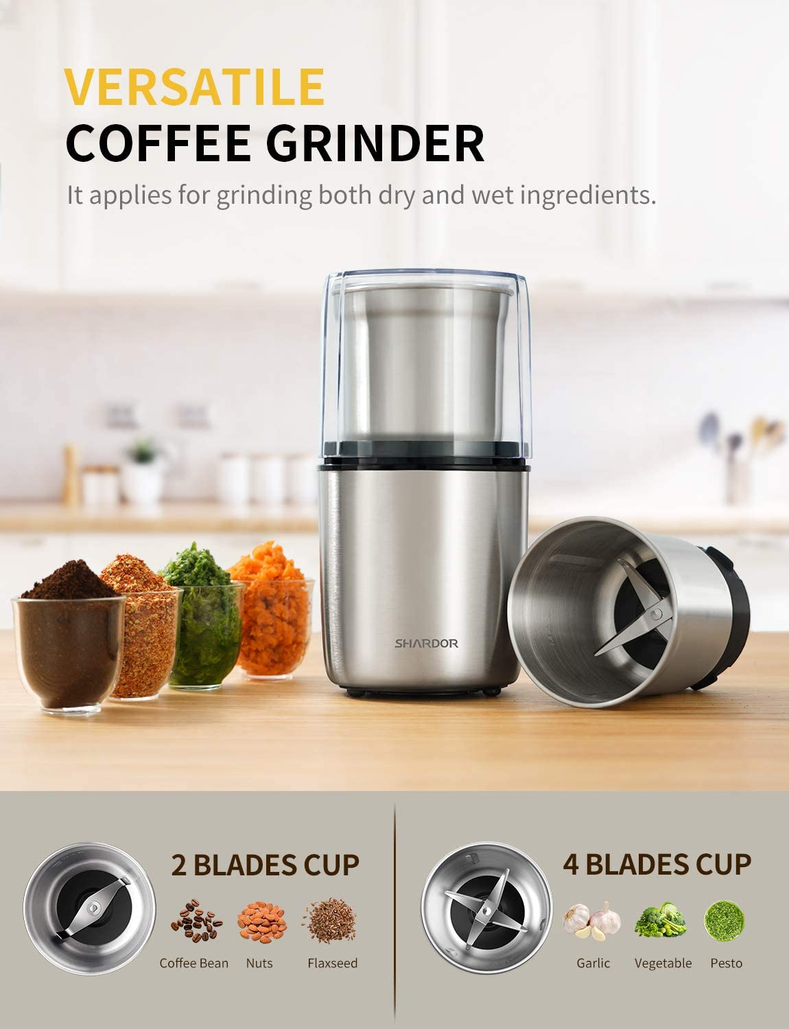 Coffee Grinder Electric Herb/Wet Grinder for Spices and Seeds with 2 ...
