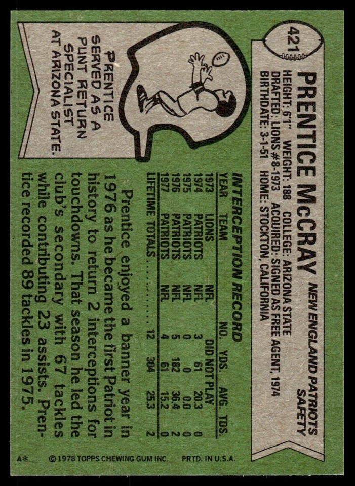 1978 TOPPS PRENTICE MCCRAY K NEW ENGLAND PATRIOTS #421 | eBay