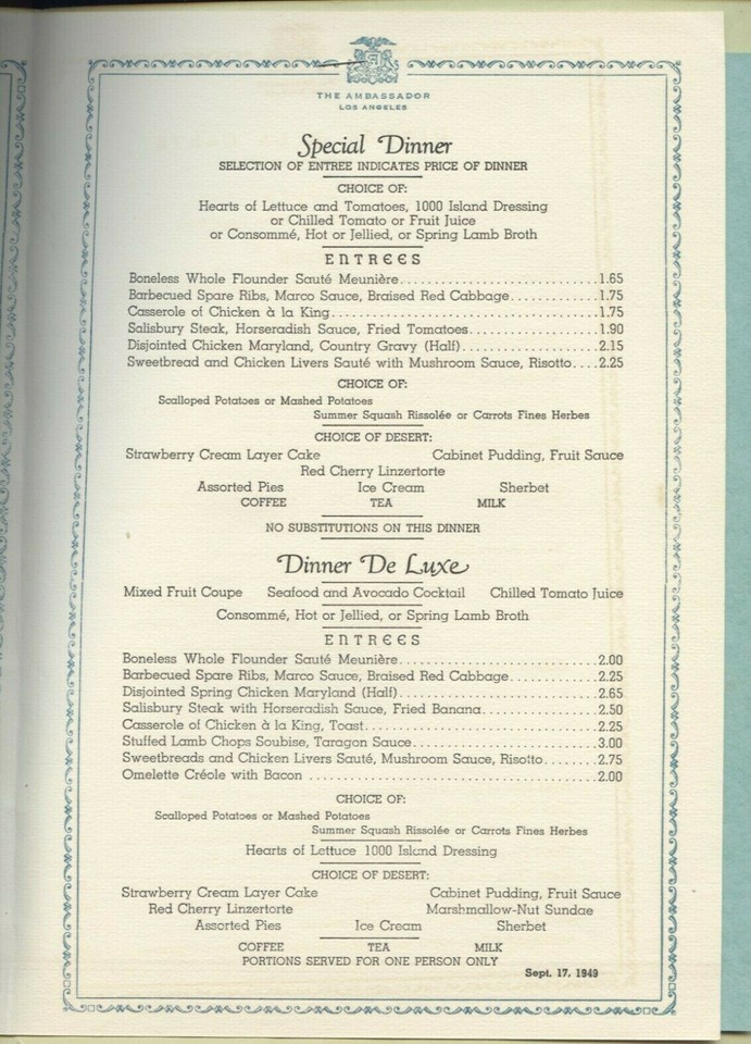 1949 Ambassador Hotel Cafe Ambassador Menu Los Angeles CA +brochure ...