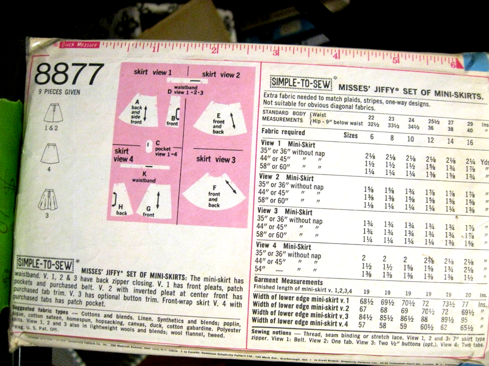 Vintage 1970 SIMPLICITY PATTERN 8877 MISS Jiffy Mini-Skirts Sz 16 Waist ...