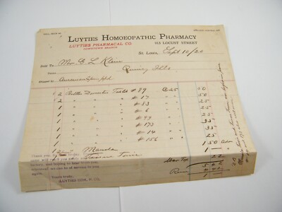 1920 LUYTIES HOMEOPATHIC PHARMACY INVOICE TO G. L. KLEIN QUINCY ...