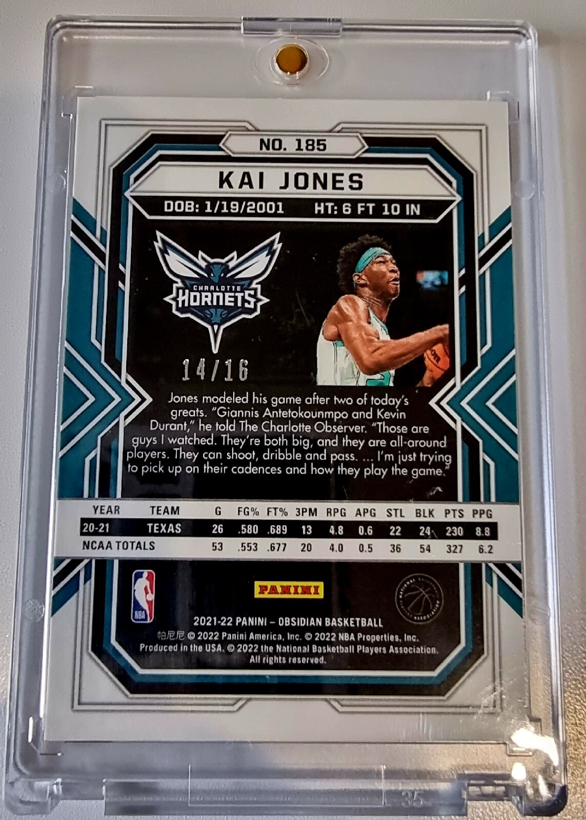 2021-22 OBSIDIAN FOTL KAI JONES ROOKIE 14/16 RARE CHARLOTTE HORNETS ...
