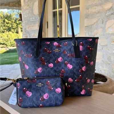 Coach Signature Denim Cherry Tote Shoulder Bag Handbag/ Wallet Option ...