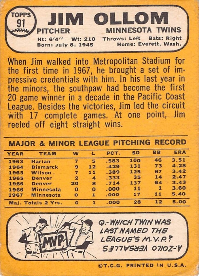 1968 Topps Baseball Jim Ollom RC #91 EX+ or Better MINNESOTA TWINS | eBay