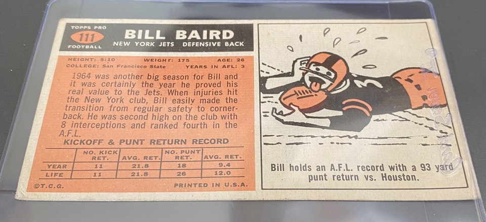 1965 Topps Bill Baird SP #111 “EX+” New York Jets RC Rookie “CENTERED ...
