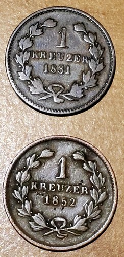 Two Leopold I BADEN (German State) 1 Kreuzer 1831 and 1852 Copper Coins ...