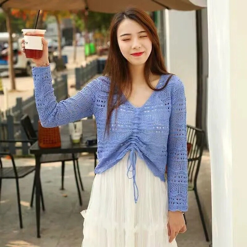 Women Knitted Cropped Sweater Hollow Crochet Pullover Drawstring Thin ...