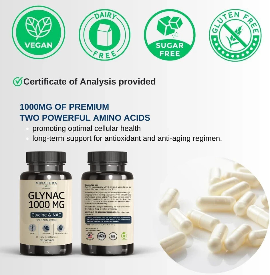 VINATURA GLYNAC Supplement 1000MG - Glycine & NAC Supplement - 90 ...