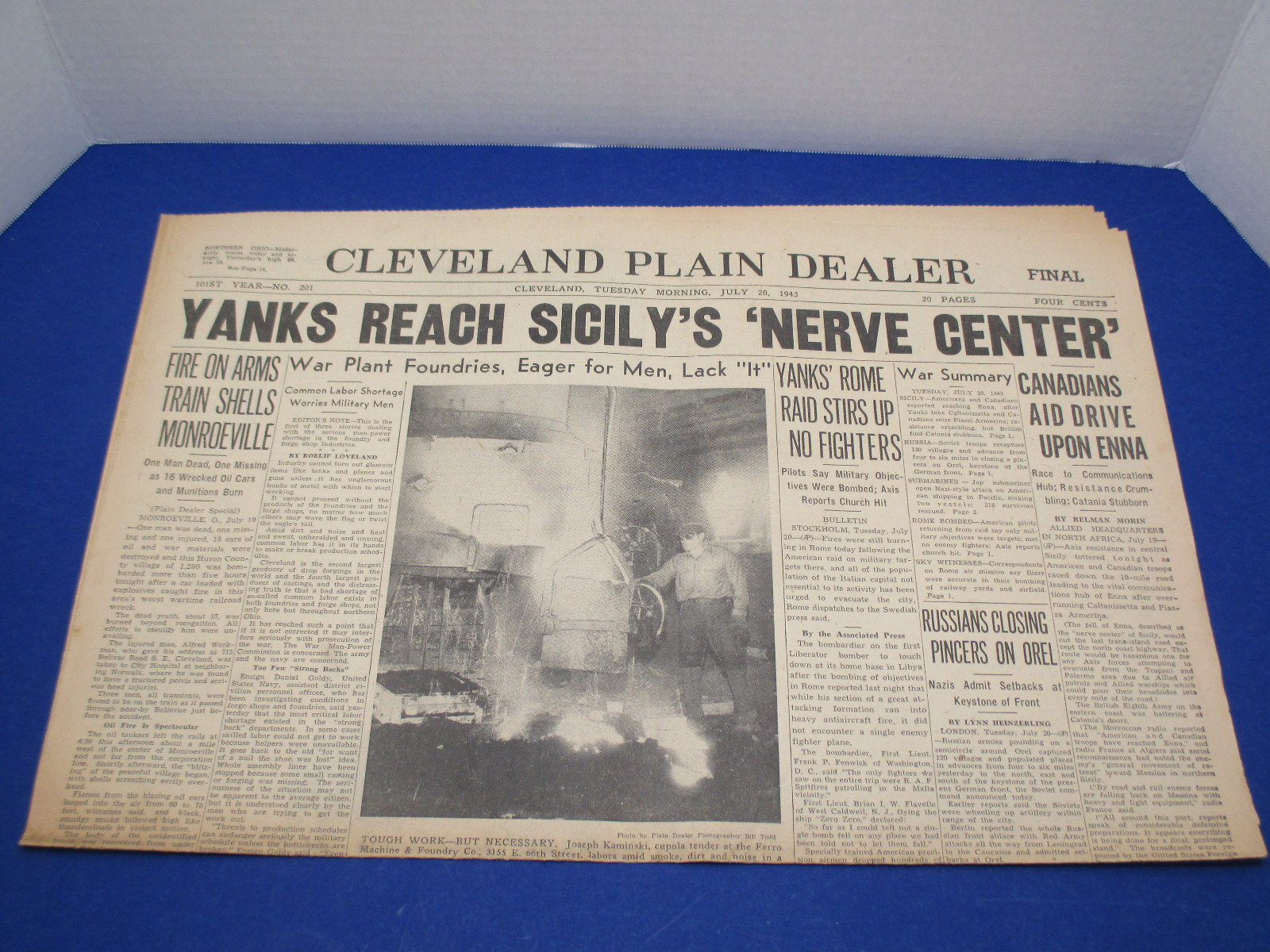 Cleveland Plain Dealer Newspaper Headline WWII July 20,1943 Fire On ...