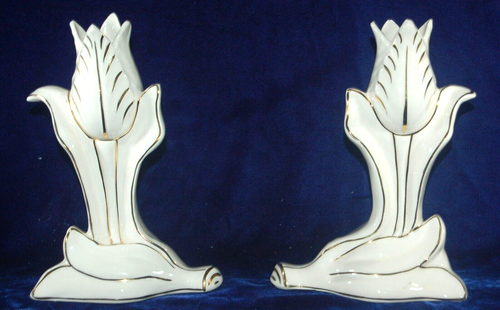PAIR OF MCM TULIP VASES - E&R AMERICAN ARTWARE - IVORY/GOLD DECORATION ...