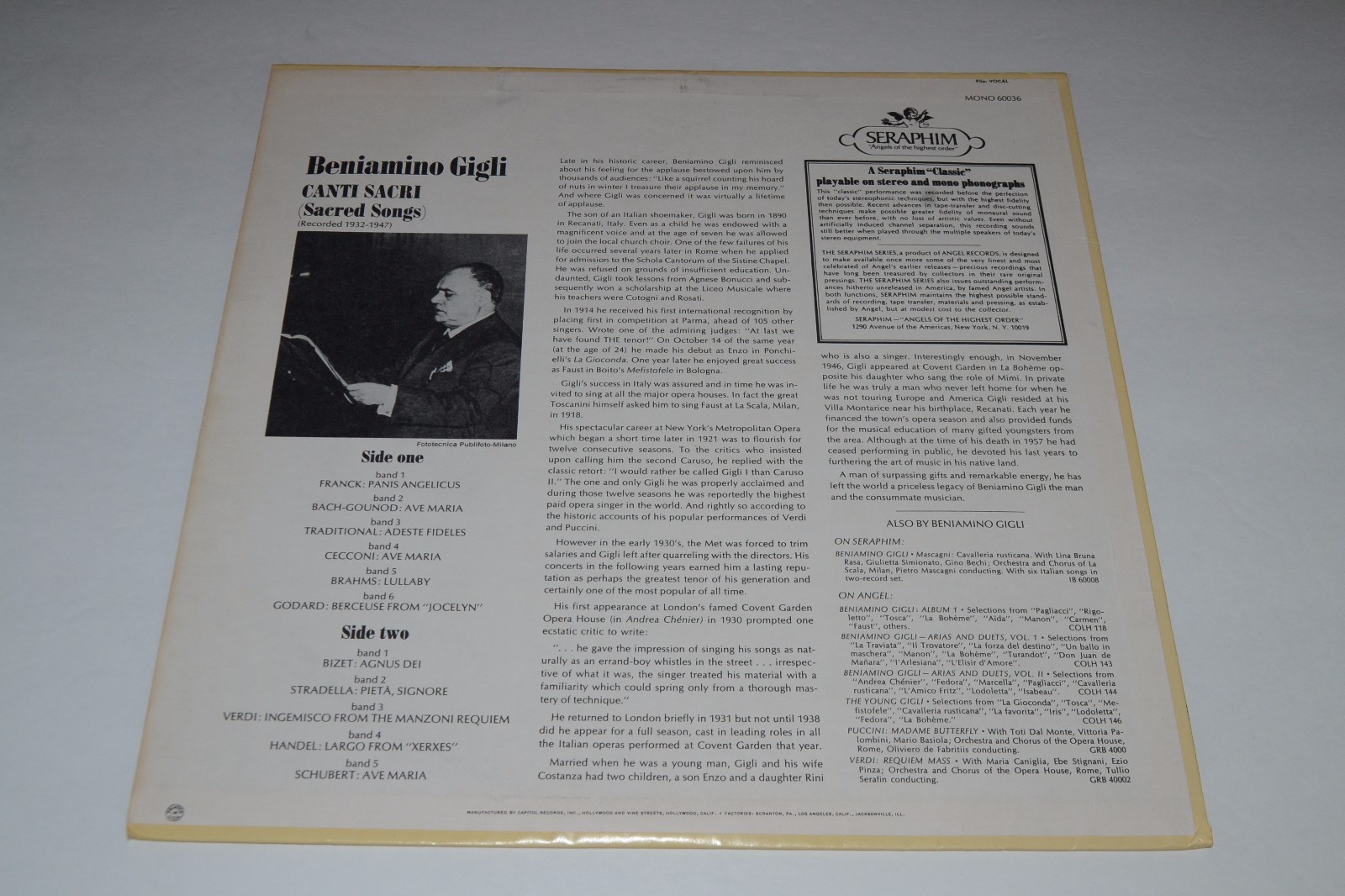 Beniamino Gigli~Canti Sacri (Sacred Songs)~Seraphim 60036~Franck~Bach ...