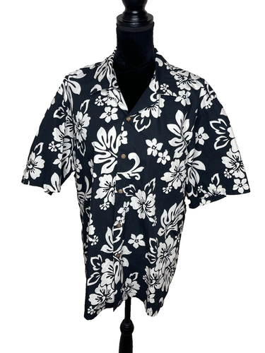 Vintage HAWAII brand cotton hawaiian shirt black white floral palms ...
