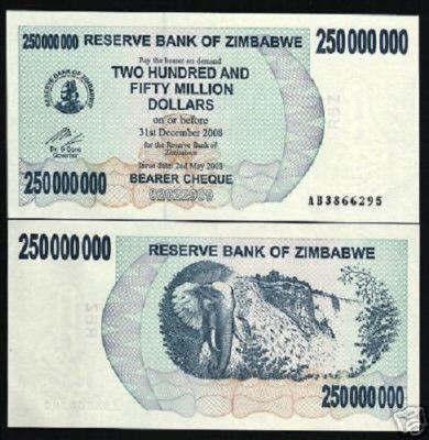ZIMBABWE 250000000 P-59 2008 $250 MILLION DOLLARS BUNDLE UNC x 50 Pcs ...