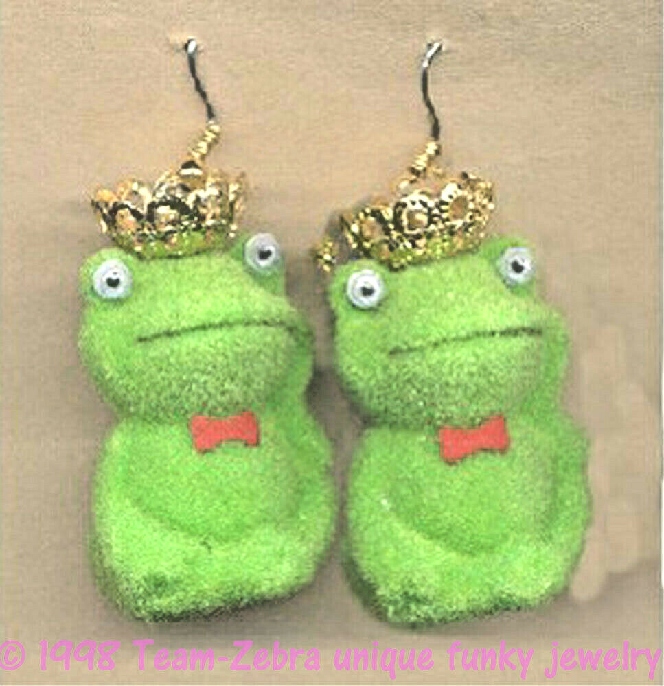 Huge Funky FROG PRINCE EARRINGS-Big Fuzzy Toads Crown Princess Costume ...