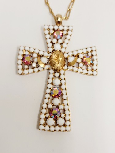 Vintage Alice Caviness Cross Necklace White Milk Glass Pink AB ...