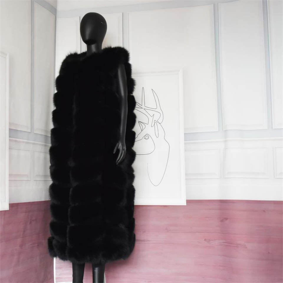 100% Real Fox Fur Blocks Vest Sleeveless Women Long Coat Fur Jacket ...
