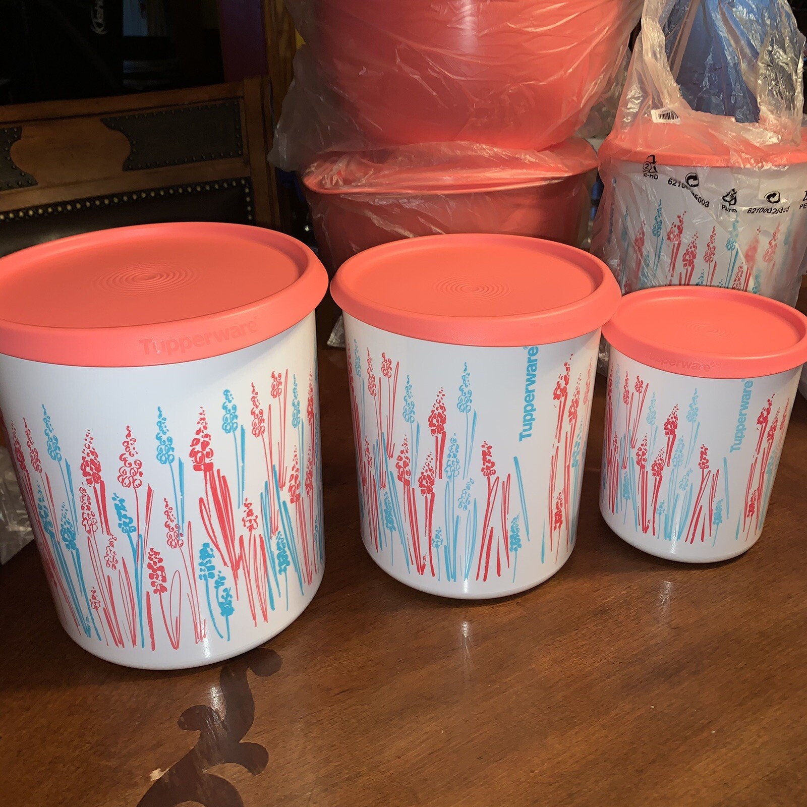 Tupperware One Touch Canister Set Of 3 Wheat Guava Coral Kitchen Food ...